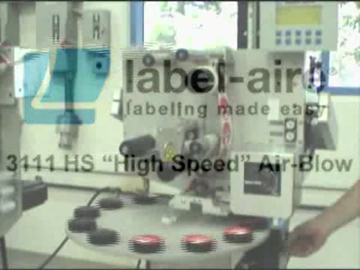 Air-blow label applicator runs at speeds of up to 5,000" of web/min ...